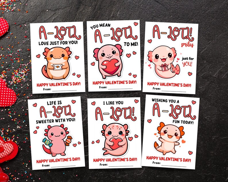 Axolotl Valentines Day Cards, Kids Classroom Valentines Cards ...