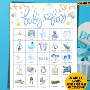 50 Baby Boy Bingo Cards, Baby Shower Games, Printable Fun Blue Baby Boy ...
