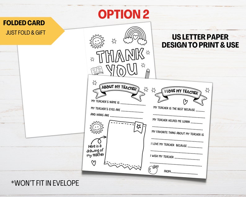 Teacher Thank You Coloring Card Bi-fold Printable Kids Coloring Page ...