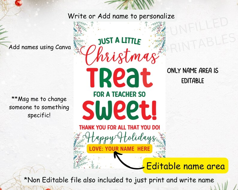 Christmas Teacher Thank You Tags, Teacher Christmas Treat Tags, Teacher ...