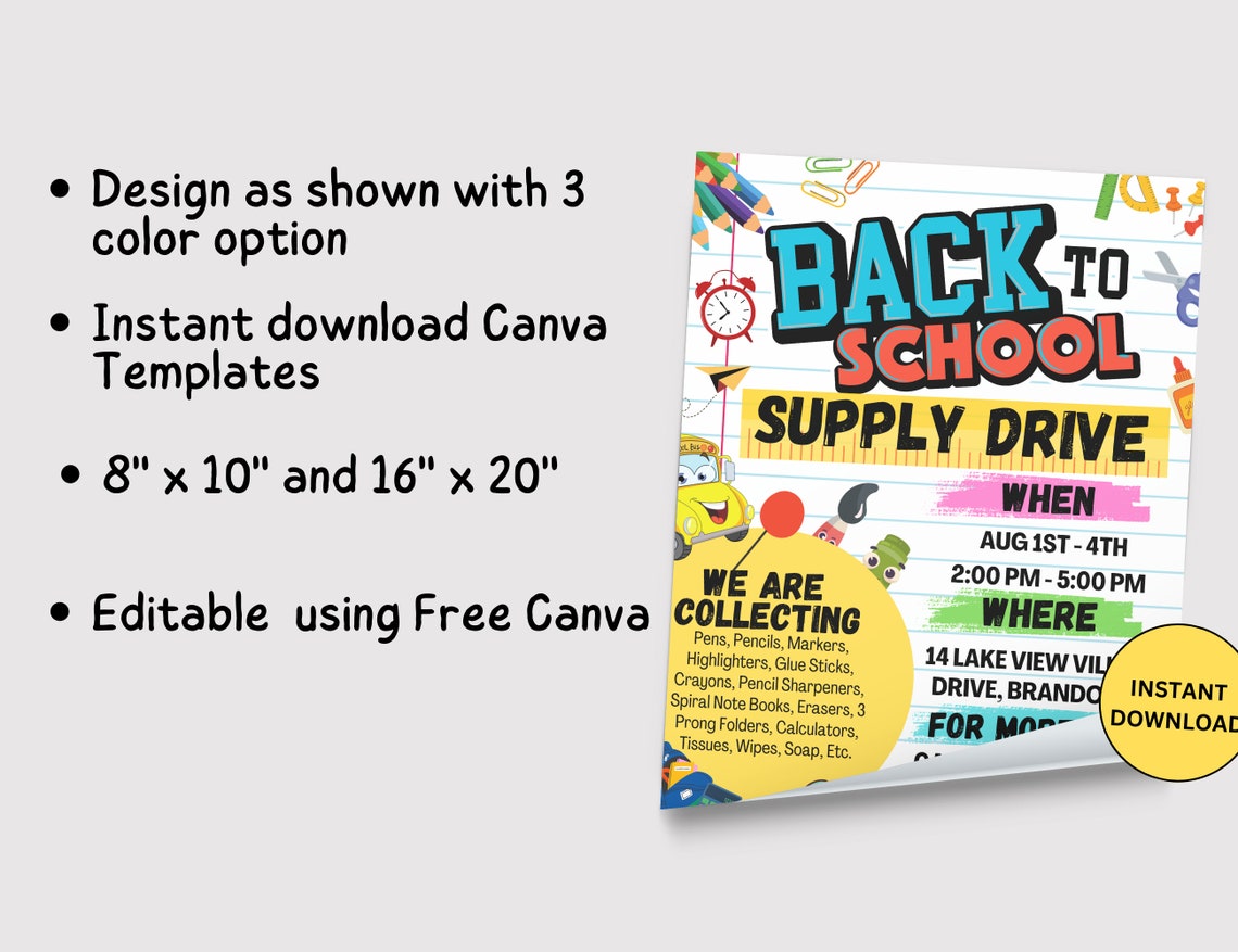 Editable School Supply Drive Flyer Template, Printable Back to School ...
