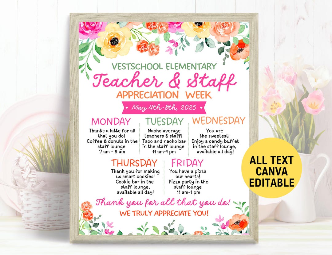 Editable Floral Teacher Appreciation Week Flyer Template, Itinerary ...