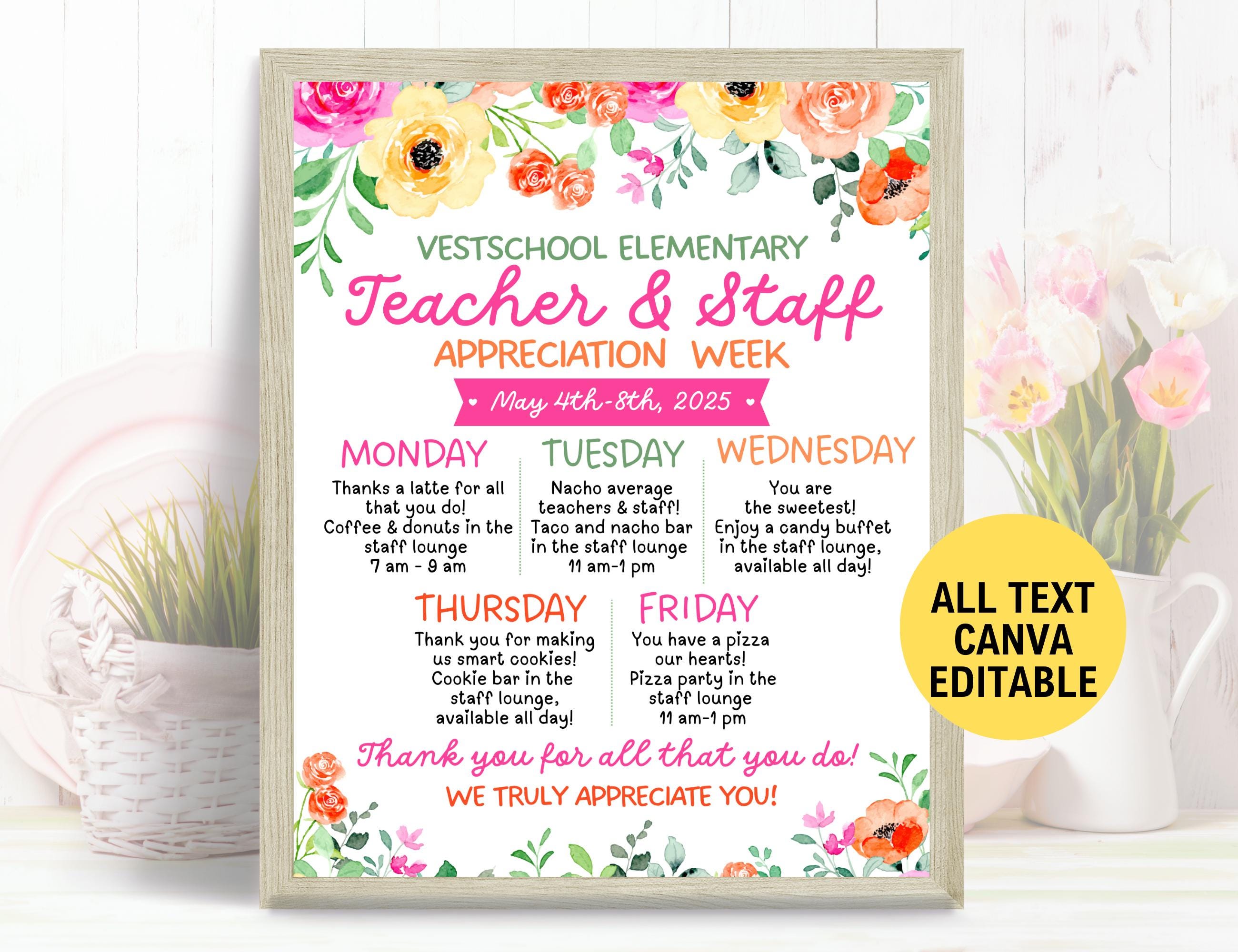 Editable Floral Teacher Appreciation Week Flyer Template, Itinerary ...