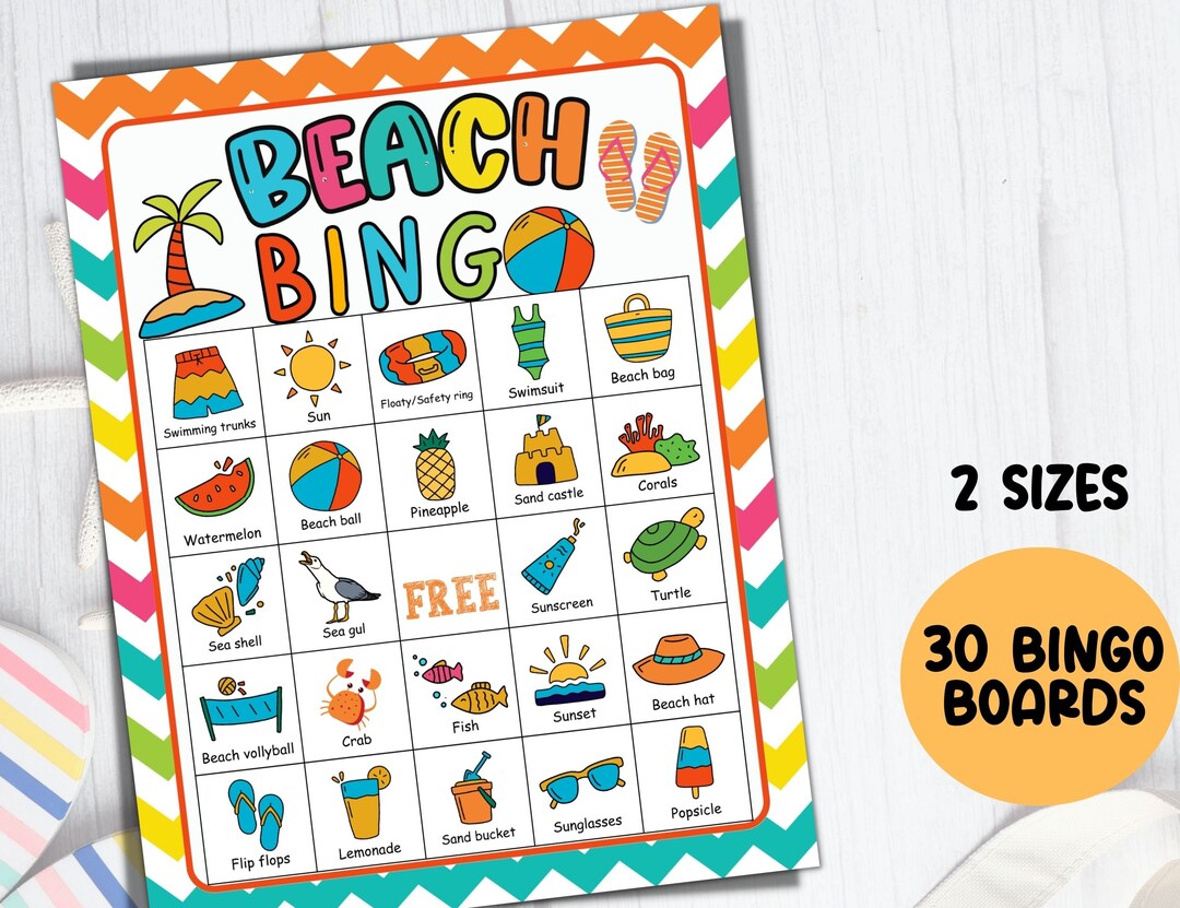 Beach Bingo, Beach Party Games, 30 Beach Theme Summer Bingo Cards, Fun ...