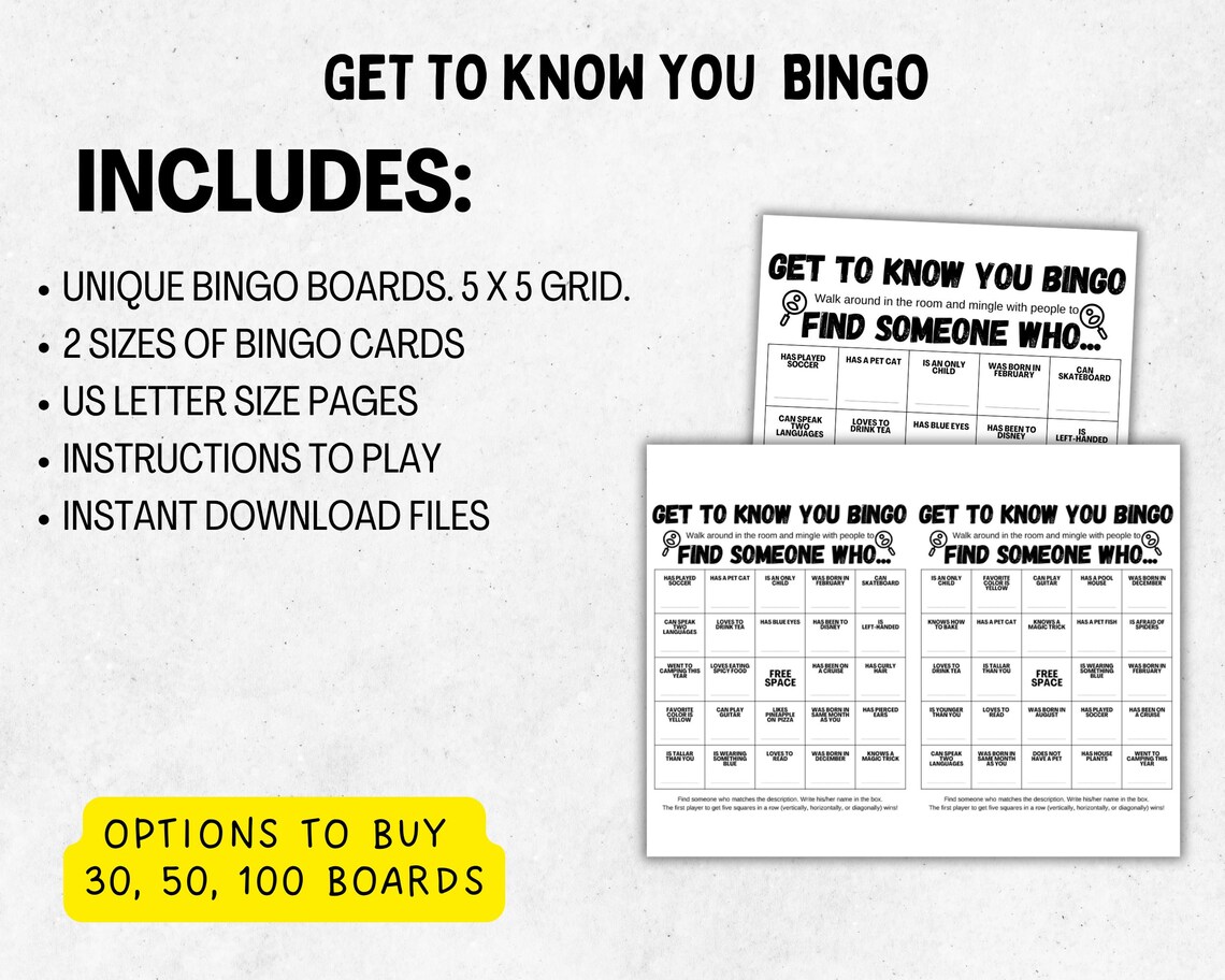 50 Icebreaker Bingo Cards, Find Someone Who /get to Know You Bingo ...