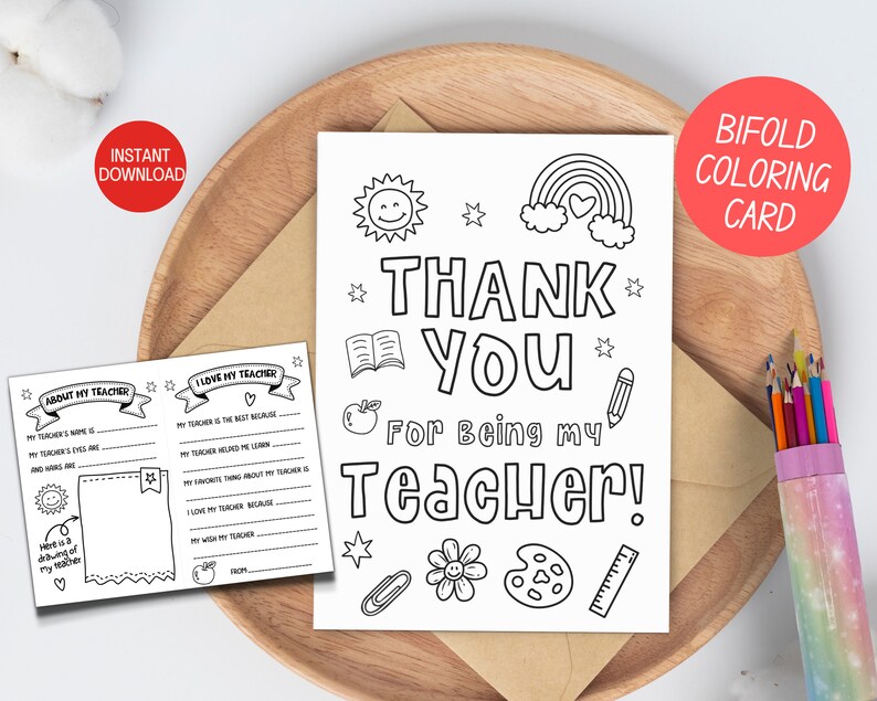 Teacher Thank You Coloring Card Bi-fold Printable Kids Coloring Page ...