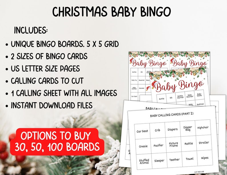 50 Christmas Baby Shower Baby Bingo Cards, Santa Baby Shower Games ...