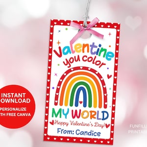 Crayon Valentine Tag, You Color My World Rainbow Valentine Class Gift ...
