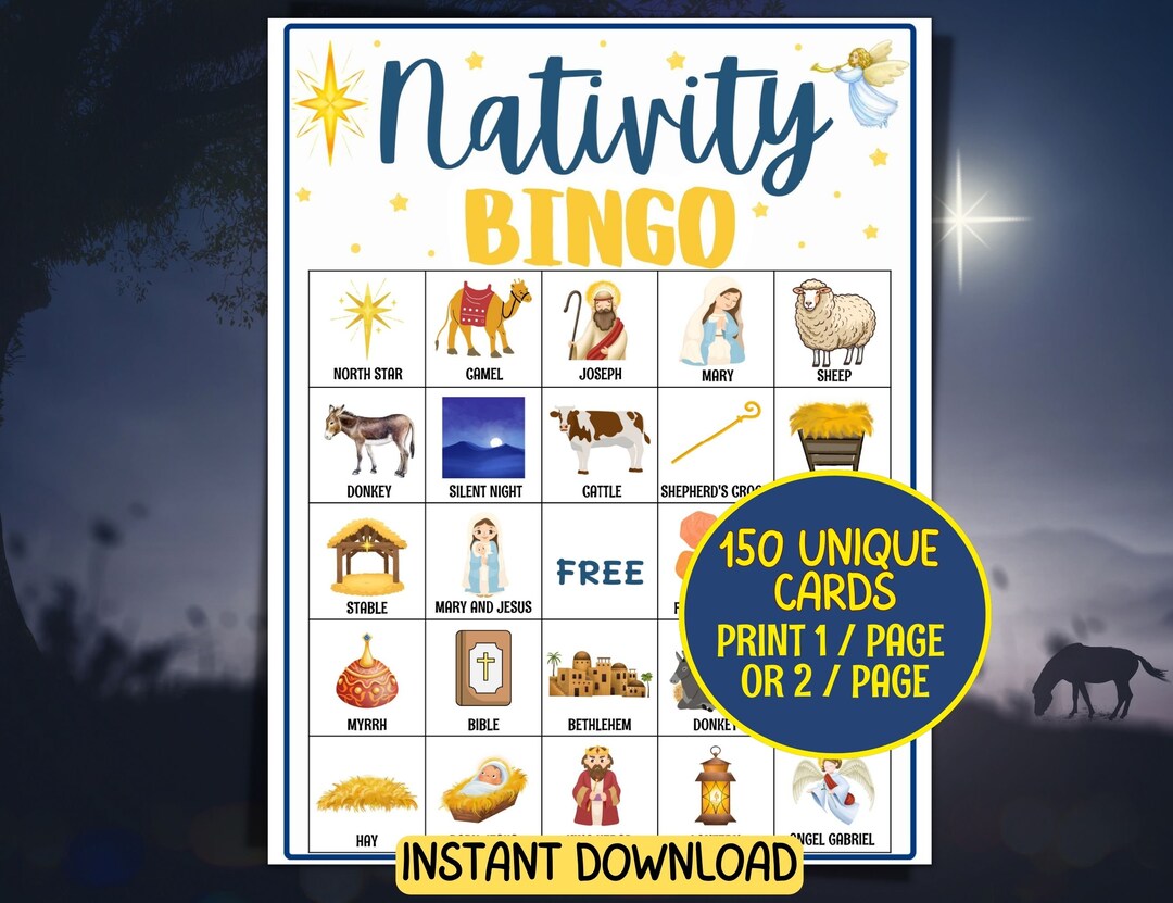 150 Nativity Bingo Cards, Christmas Nativity Bingo, Printable Nativity ...