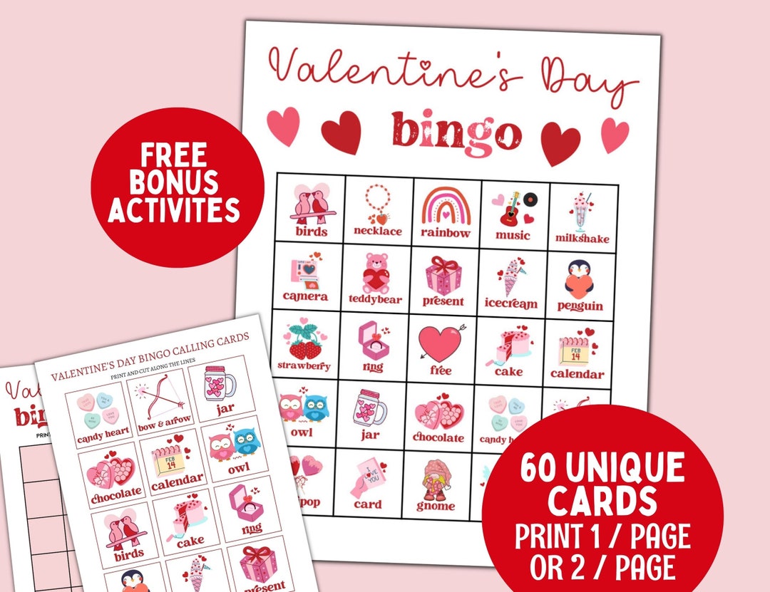 Valentines Day Bingo Game Printable, 60 Valentine Bingo, Kids Valentine ...