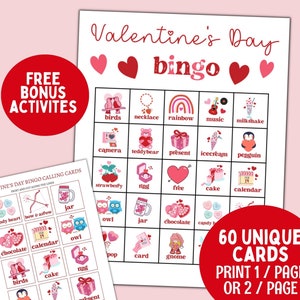 Valentines Day Bingo Game Printable, 60 Valentine Bingo, Kids Valentine ...