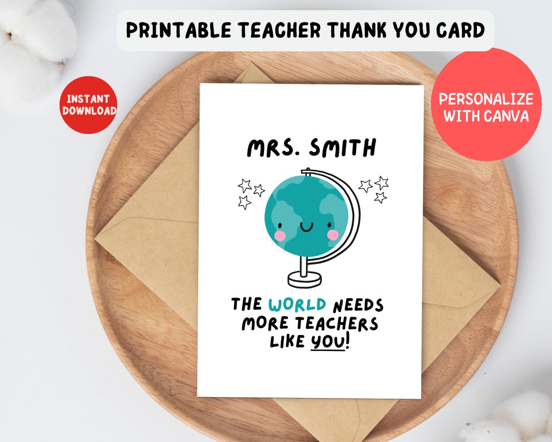 Personalized Teacher Thank You Card, Teacher Appreciation Card, Globe ...