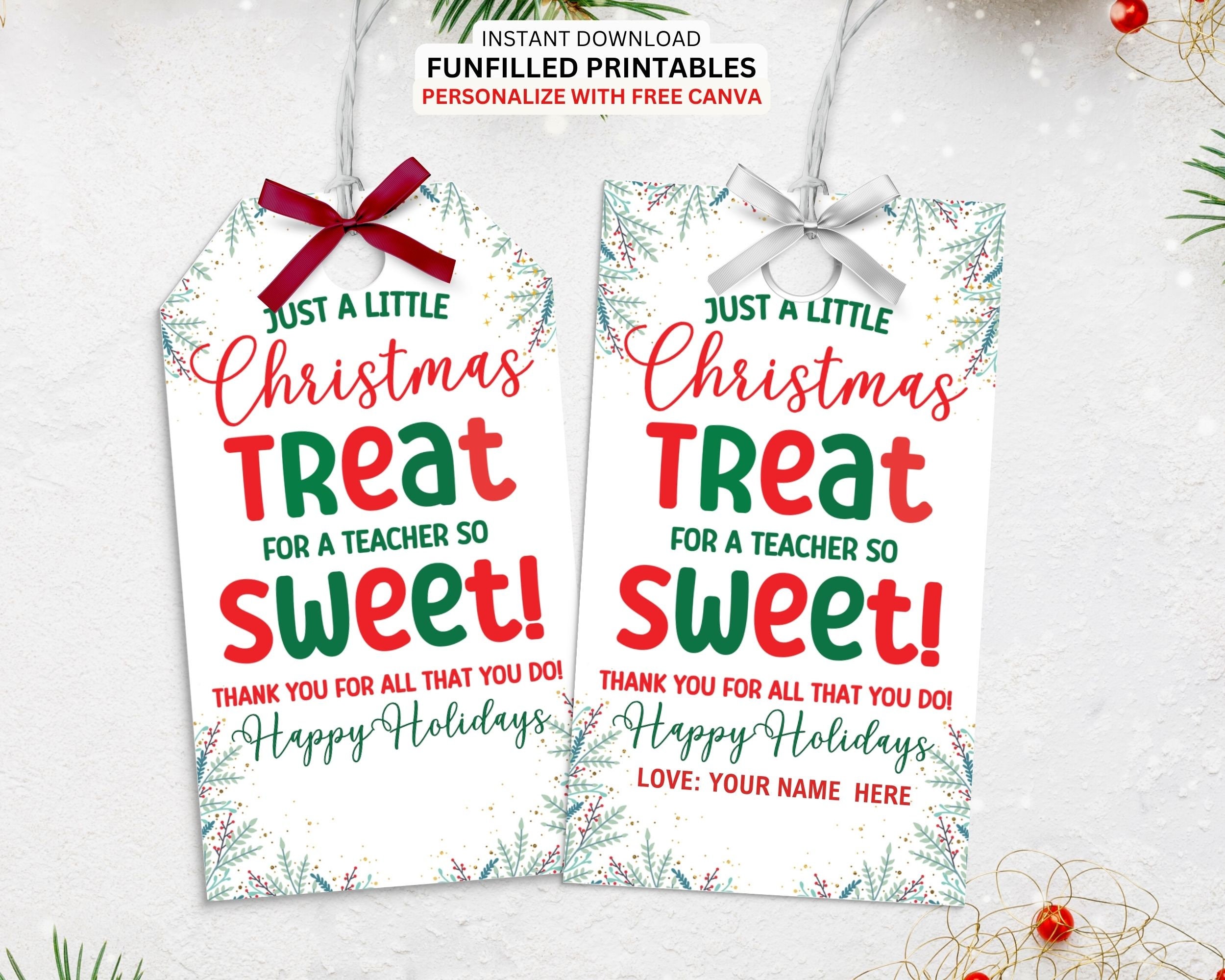 Christmas Teacher Thank You Tags, Teacher Christmas Treat Tags, Teacher ...
