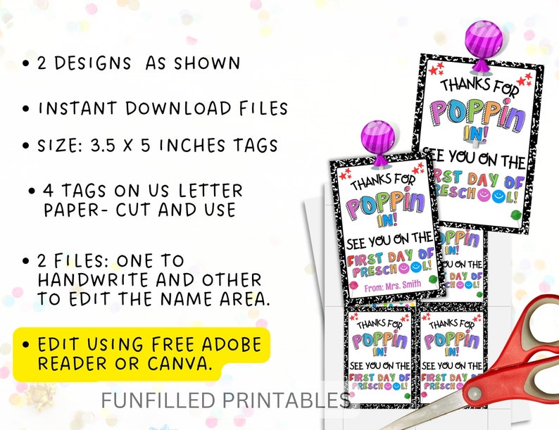 Thanks for Popping in Tag, Meet the Teacher Student Gift Tag, Lollipop ...