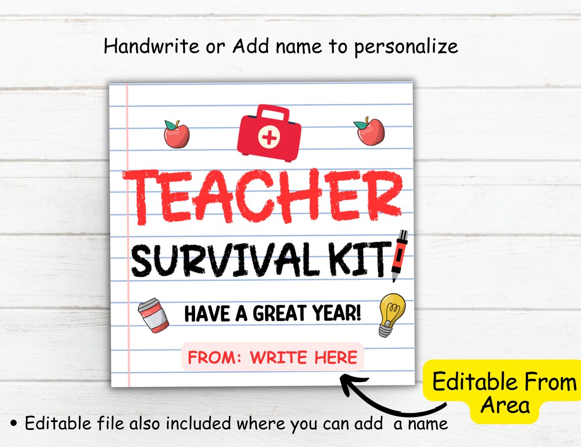 Teacher Survival Kit Printable Tag, Back to School Teacher Gifts ...