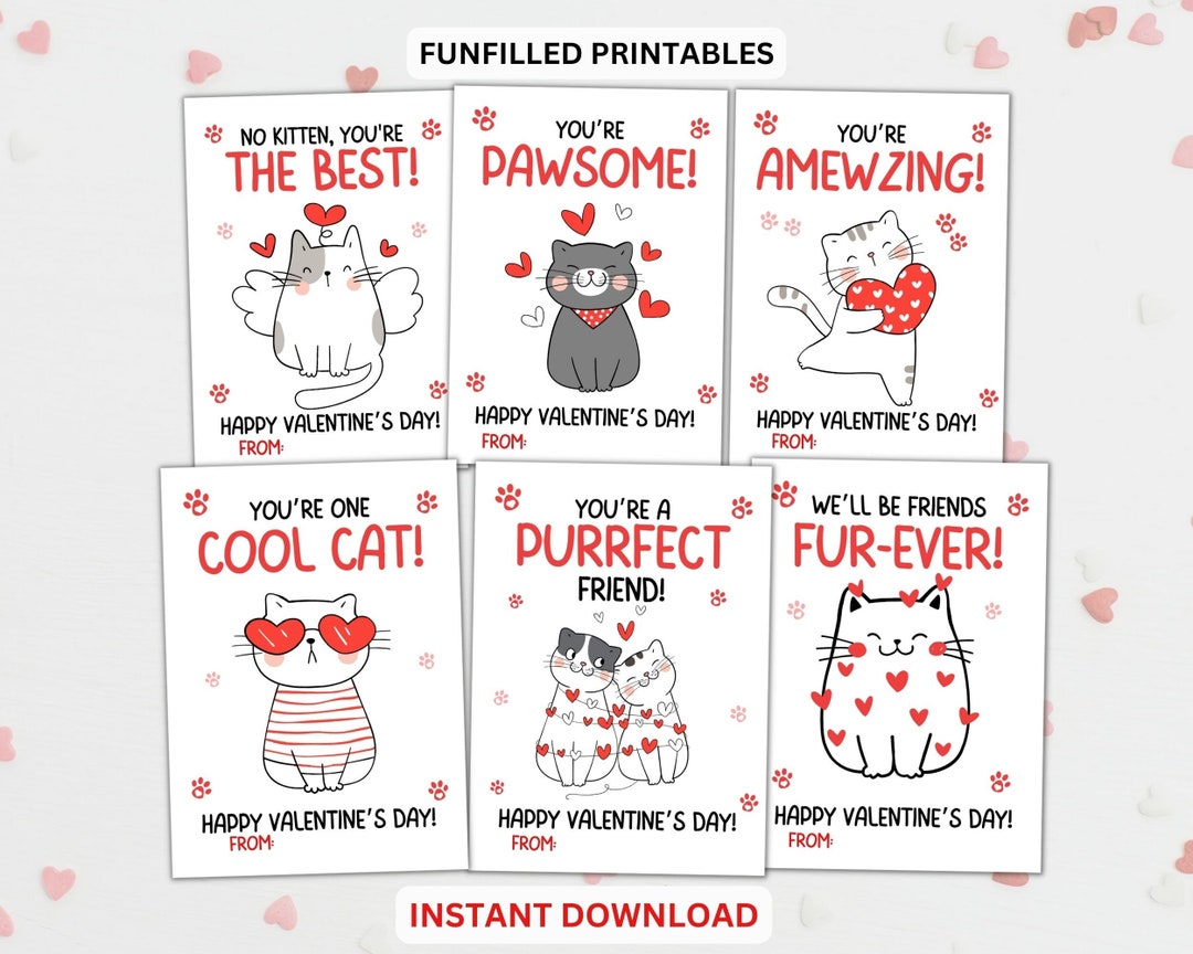 Cat Valentines Day Cards, Kids Valentine Cards for School Classroom ...