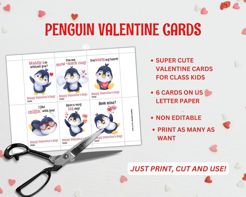 Penguin Valentine's Day Cards for Kids, Printable Classroom Valentines ...