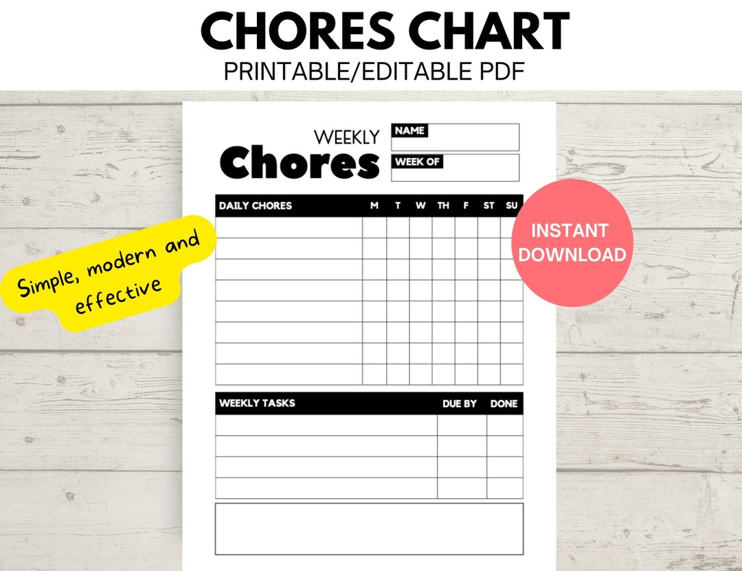 Editable Modern Chore Chart, Simple Chore Chart, Adult Chore Chart ...