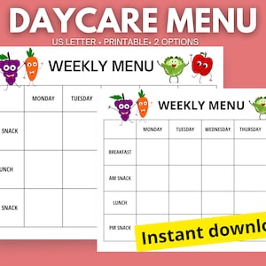 Daycare Menu Weekly, Preschool Menu, Weekly Lunch Menu for Daycare ...