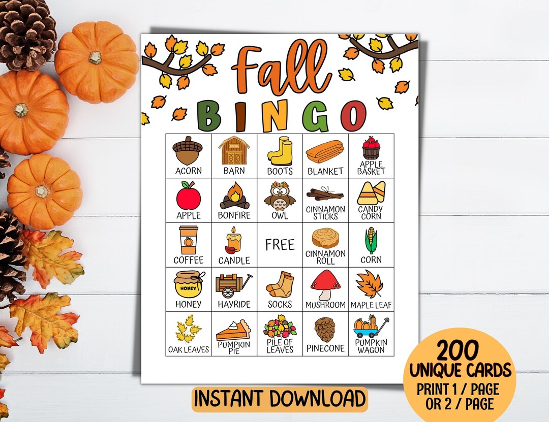 200 Fall Bingo Cards, Autumn Bingo, Fall Games, Kids Fall Activity ...