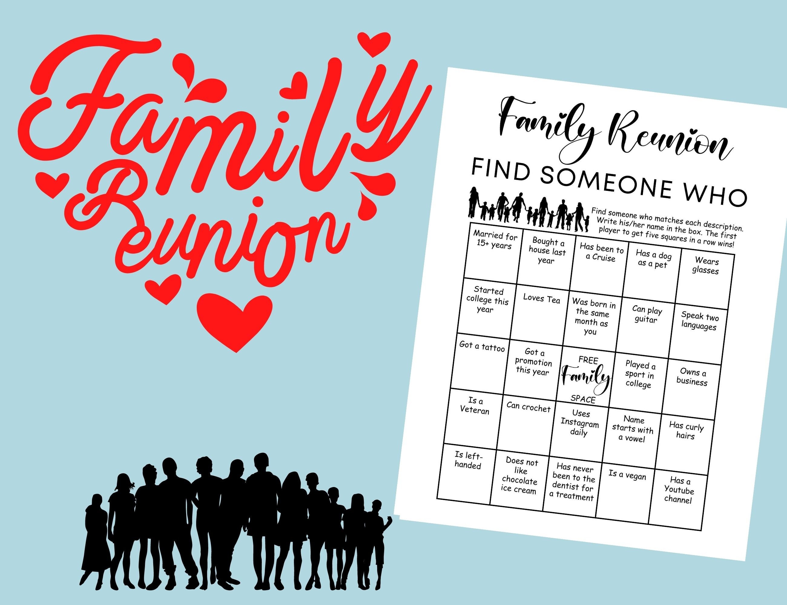 Family Reunion Bingo, Find Someone Who Family Reunion Game, Get to Know ...