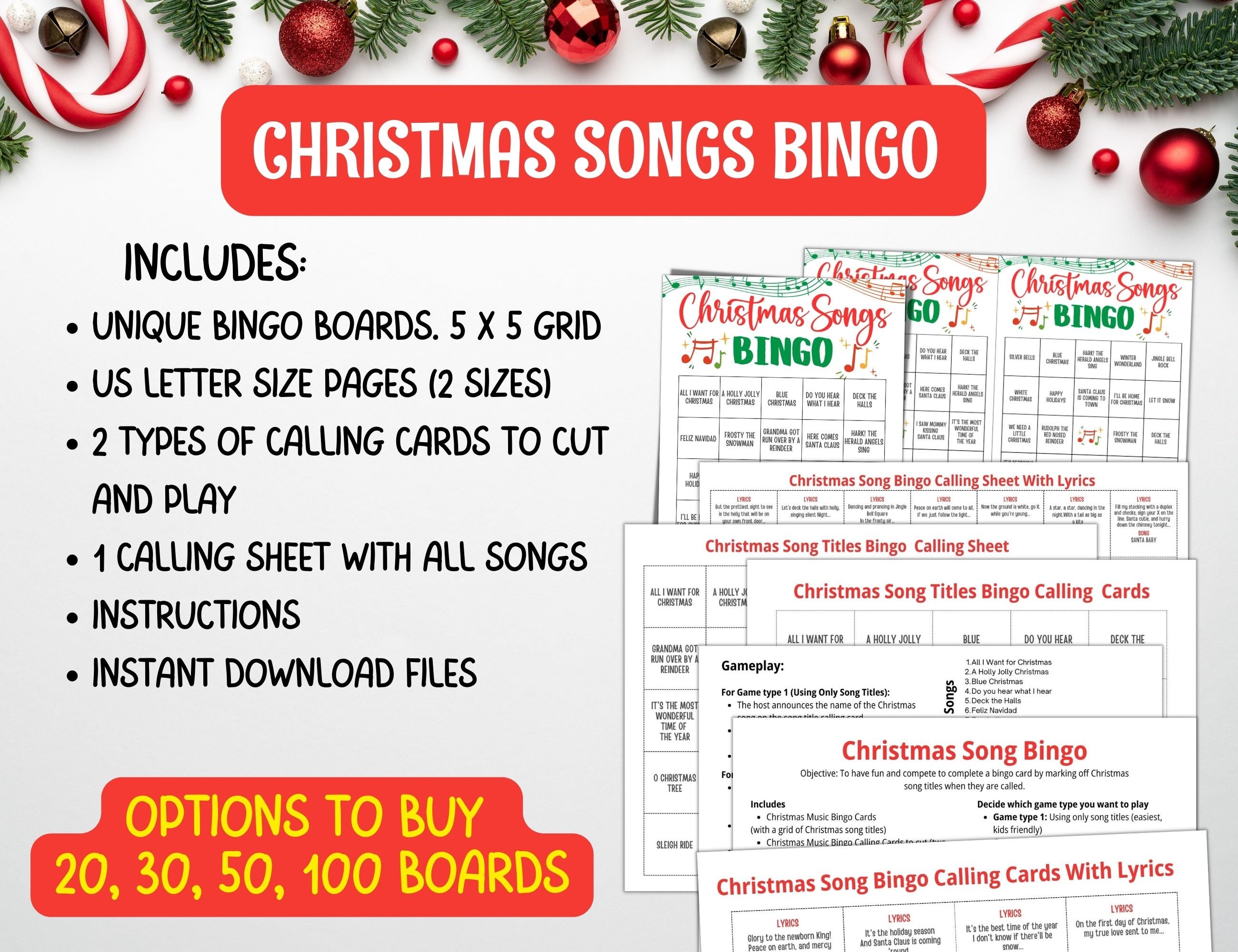 Christmas Song Bingo, 100 Christmas Music Bingo Cards, Christmas Carol ...