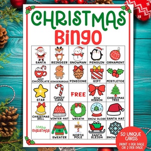Christmas Bingo, 50 Printable Bingo Cards for Kids Adults, Easy Fun ...