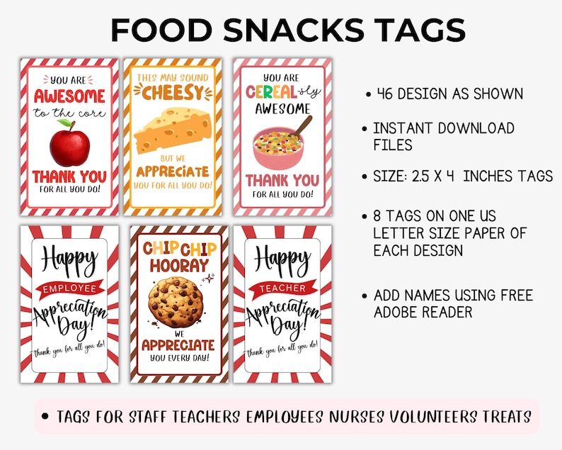Appreciation Tags, Employee Food Tags, Teacher Staff Appreciation Tag ...