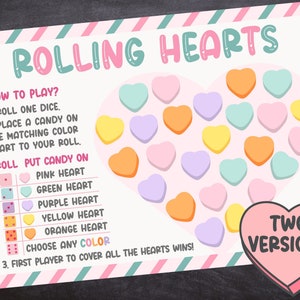 Valentines Day Candy Dice Game, Printable Rolling Hearts Valentine ...
