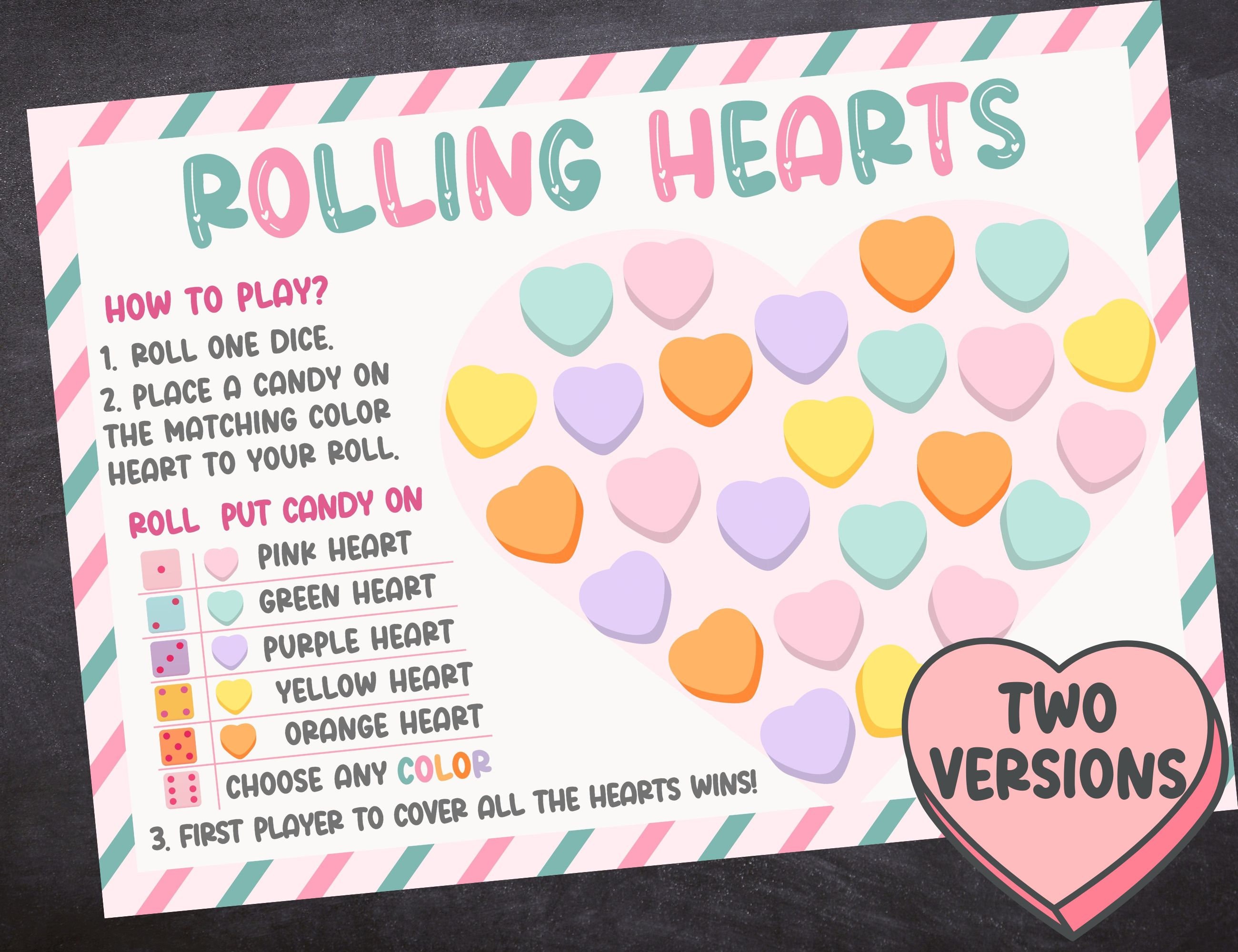 Valentines Day Candy Dice Game, Printable Rolling Hearts Valentine ...