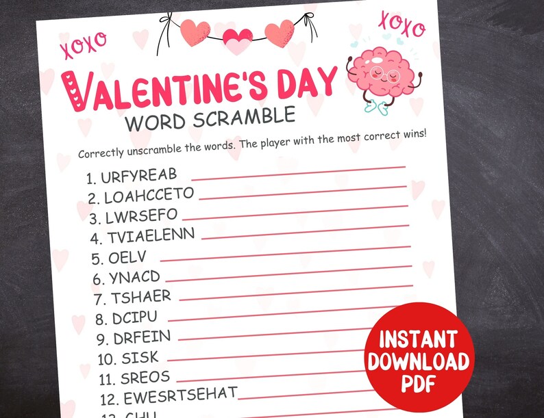 Valentine's Day Word Scramble Game, Adults Valentine Party Game, Kids ...