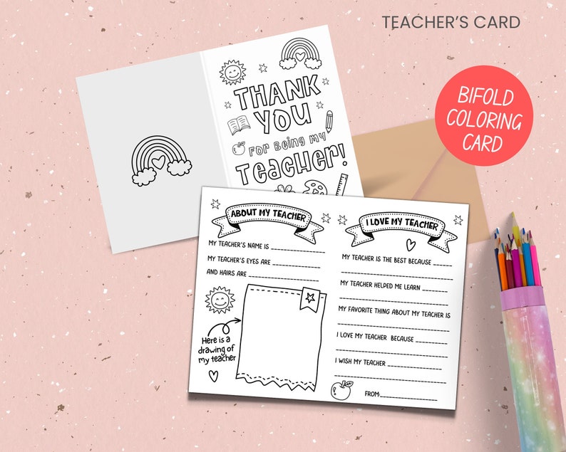 Teacher Thank You Coloring Card Bi-fold Printable Kids Coloring Page ...