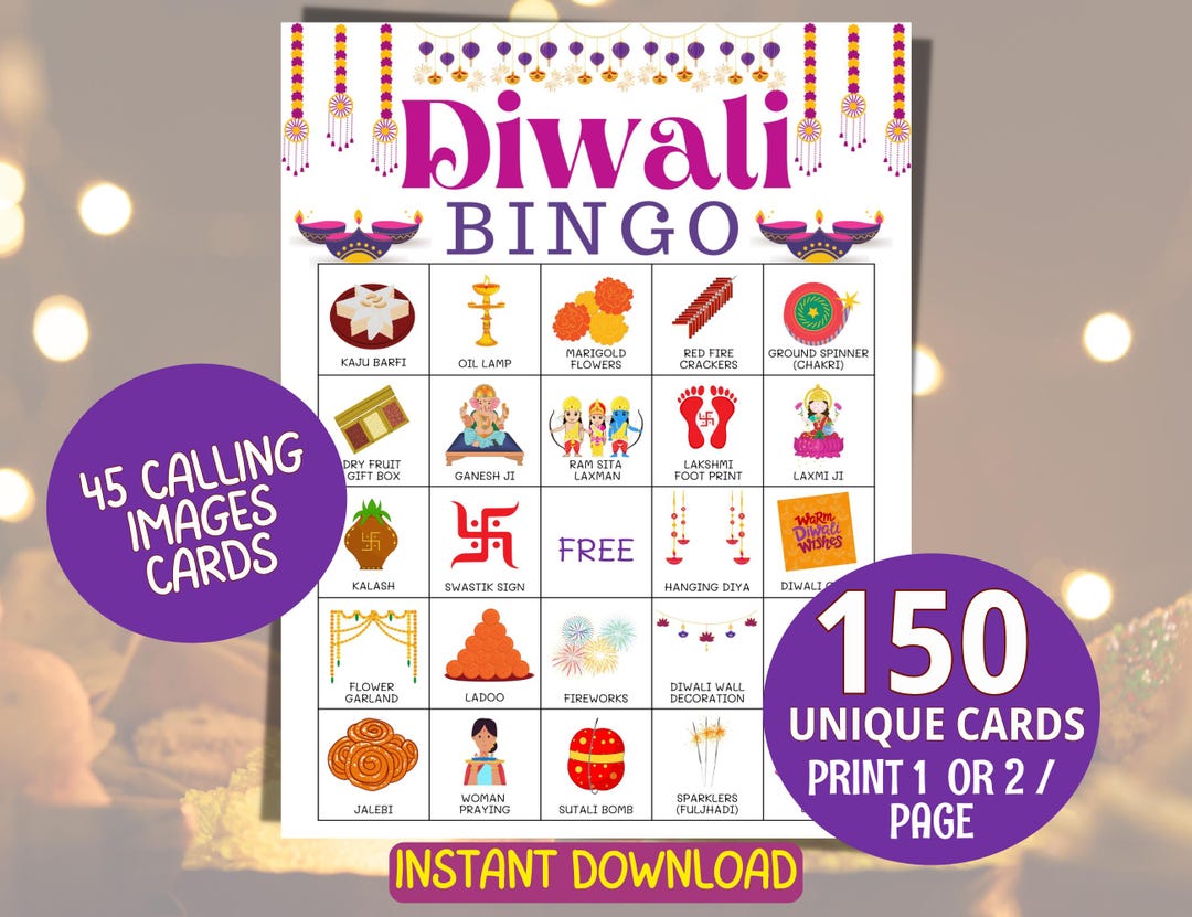 150 Diwali Bingo Cards, Diwali Bingo, Diwali Game, Printable Diwali ...