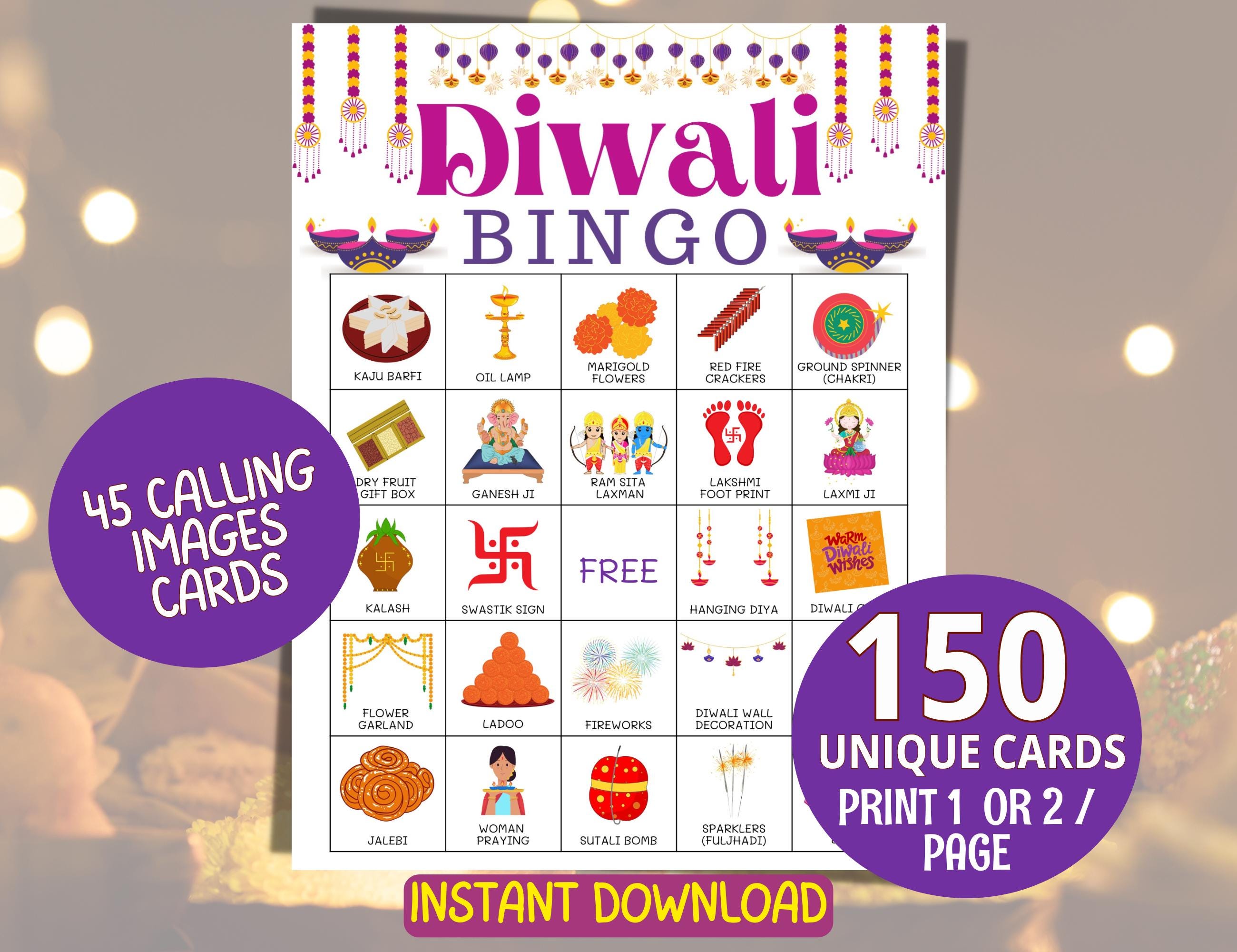 150 Diwali Bingo Cards, Diwali Bingo, Diwali Game, Printable Diwali ...