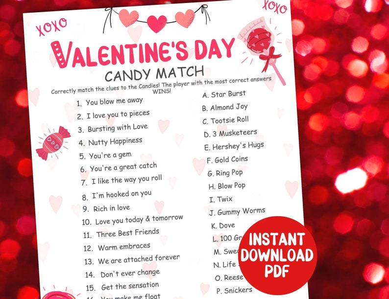 Valentines Day Candy Match Game, Candy Trivia Game, Printable ...