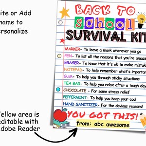 Back to School Teacher Survival Kit Gift Tag, First Day of School Tag ...
