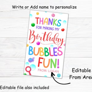 Bubble Birthday Party Favor Tag for Kids, Bubble Wand Tags, Printable ...