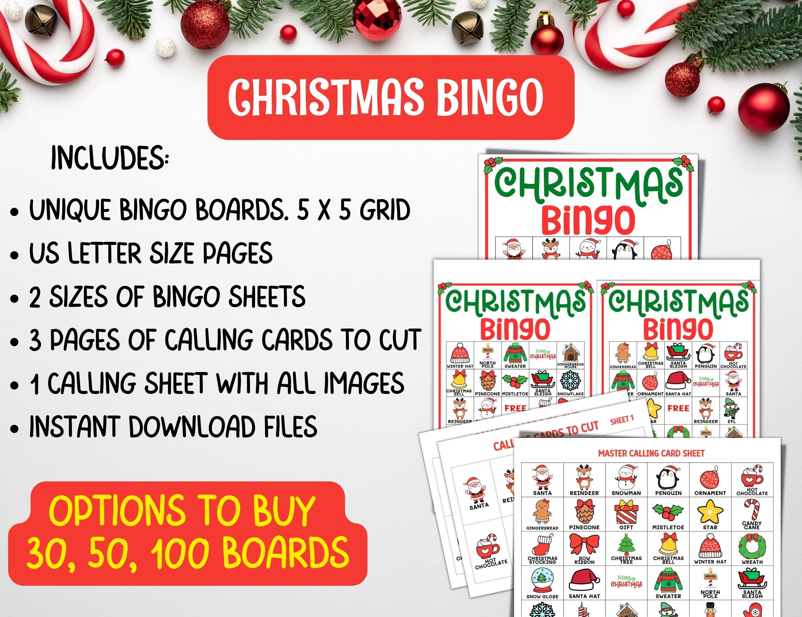 Christmas Bingo, 50 Printable Bingo Cards for Kids Adults, Easy Fun ...