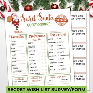 Secret Santa Questionnaire for Coworkers Teachers Staff, Printable ...