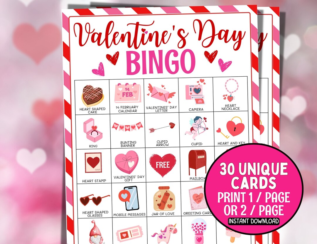 Valentines Day Bingo Kids, 30 Printable Valentines Bingo Cards ...