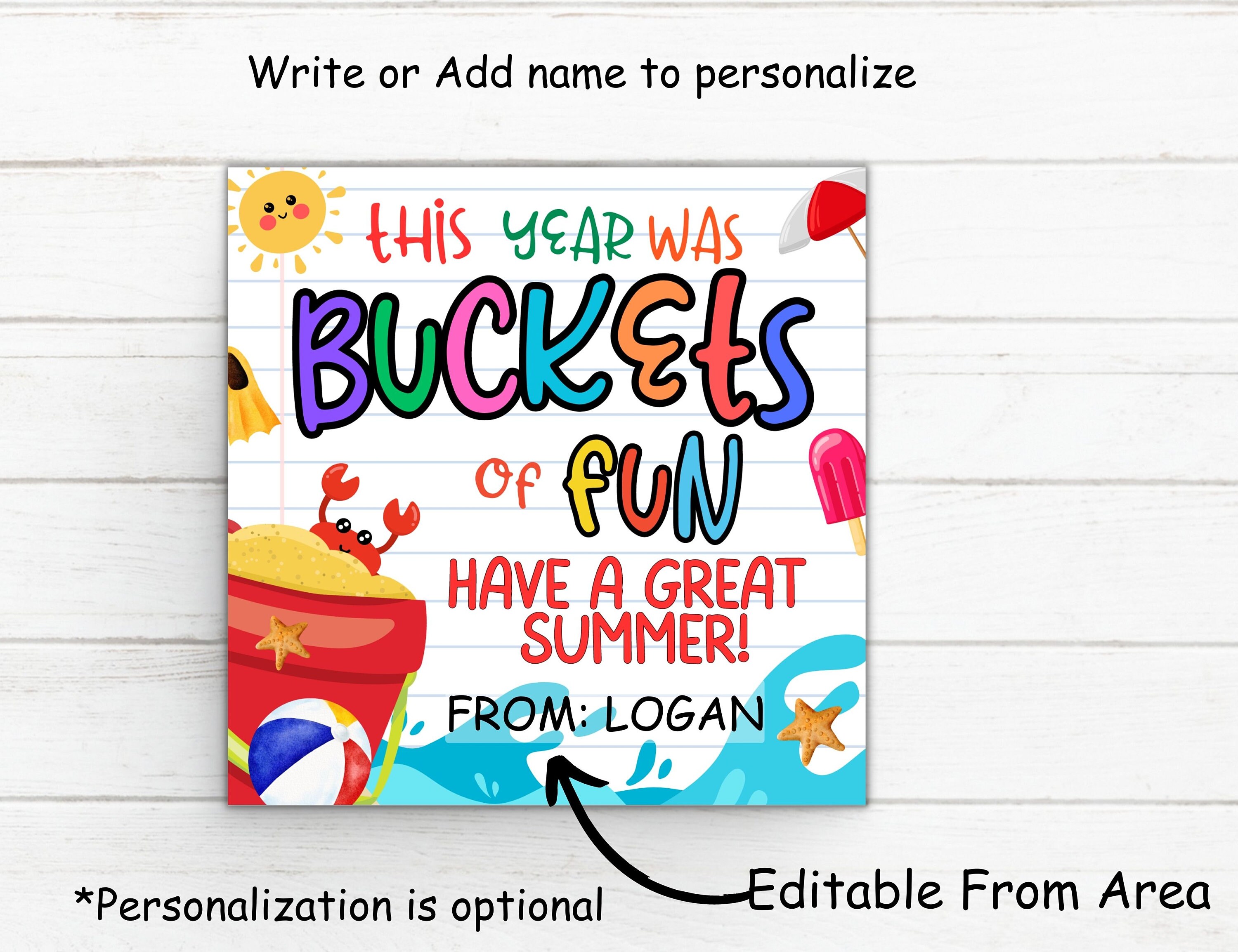 End of School Year Buckets of Fun Summer Gift Tags, Beach Sand Bucket ...