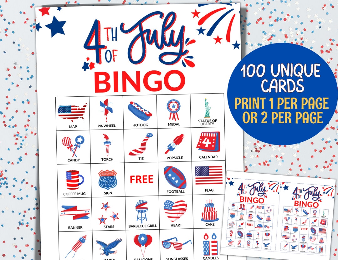 4th of July Bingo Game, 100 Fourth of July Bingo Cards Printable ...