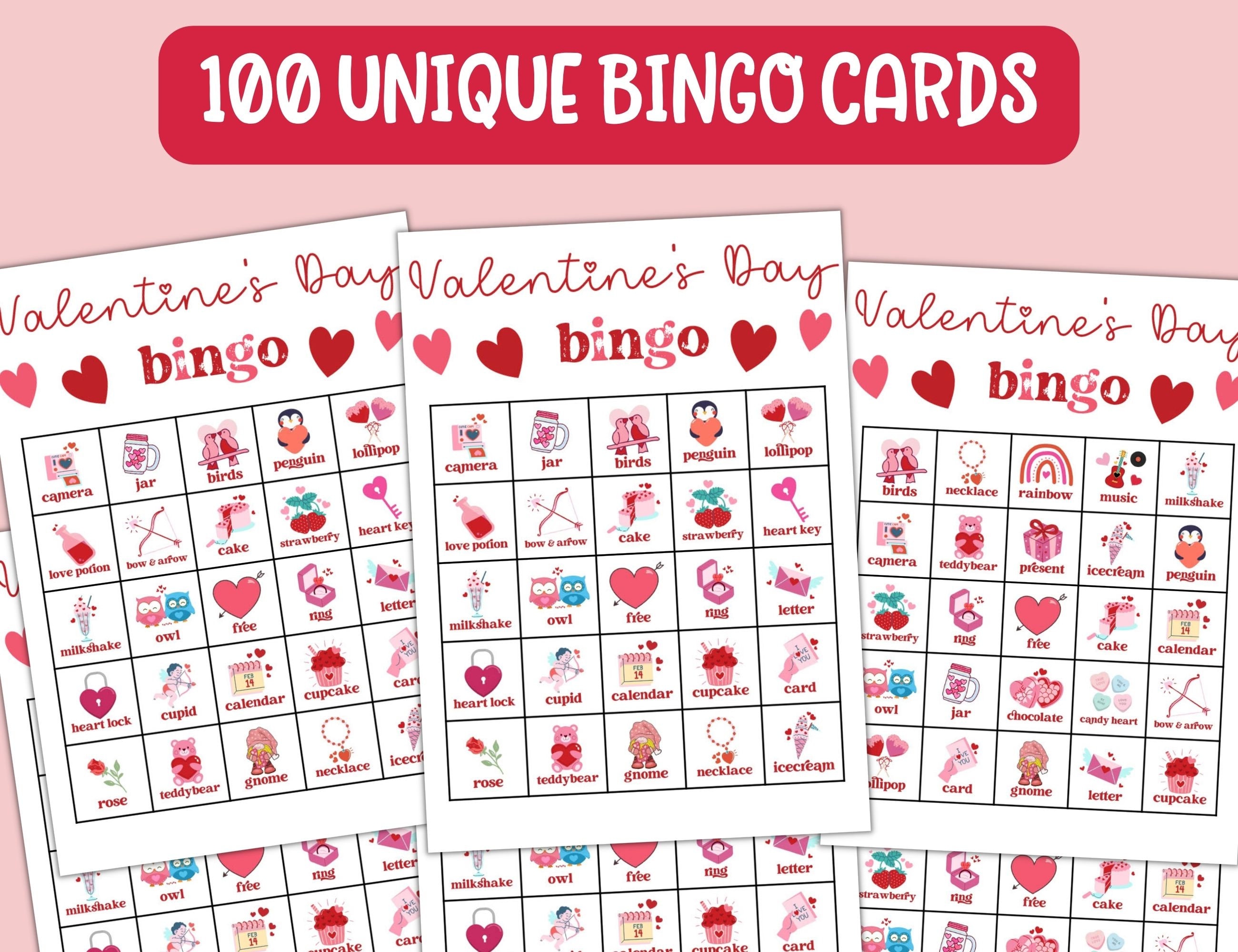Valentines Day Bingo Game, 100 Printable Valentines Bingo Cards ...
