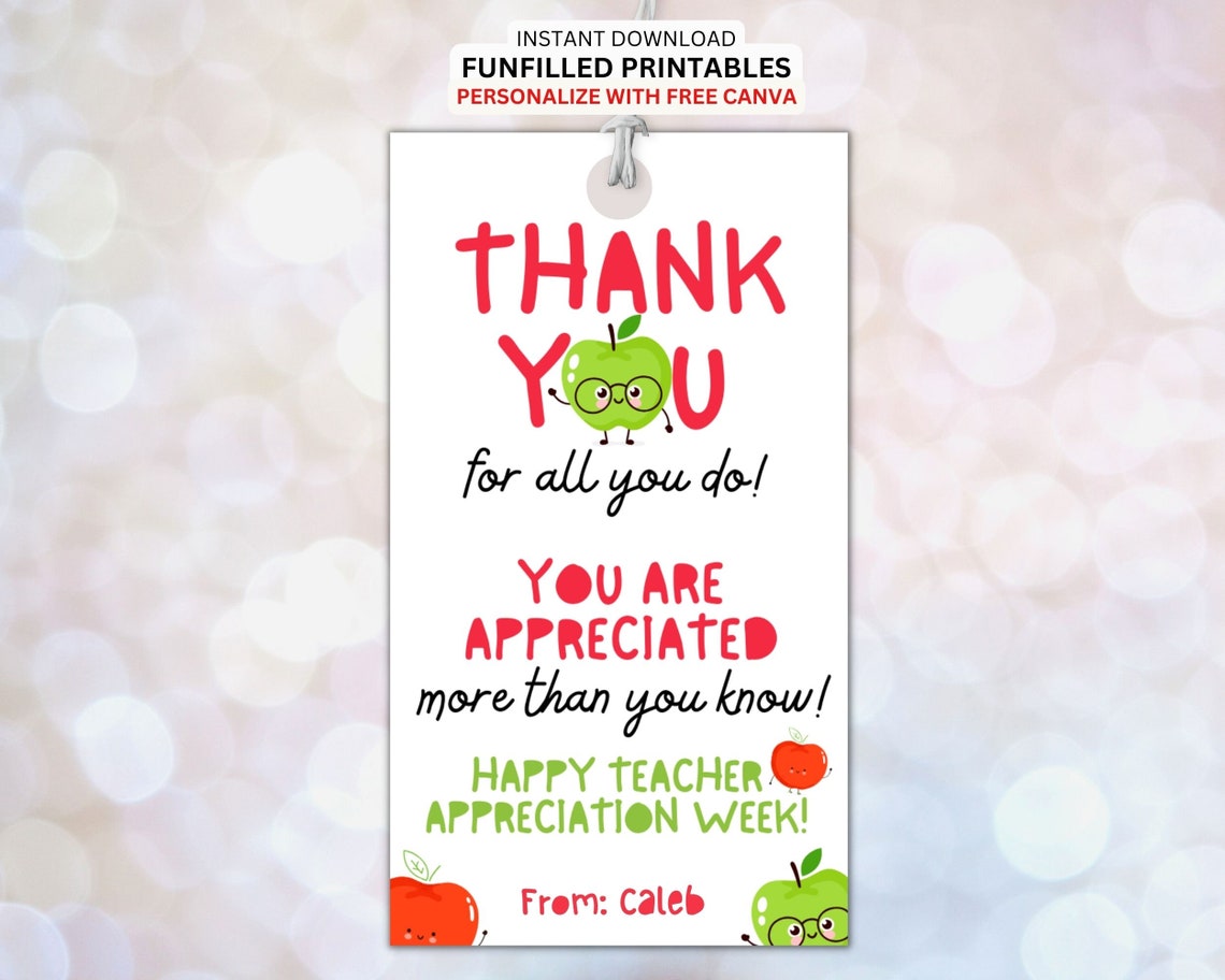Apple Teacher Appreciation Week Gift Tag, Thank You Teacher Tag, Cute ...