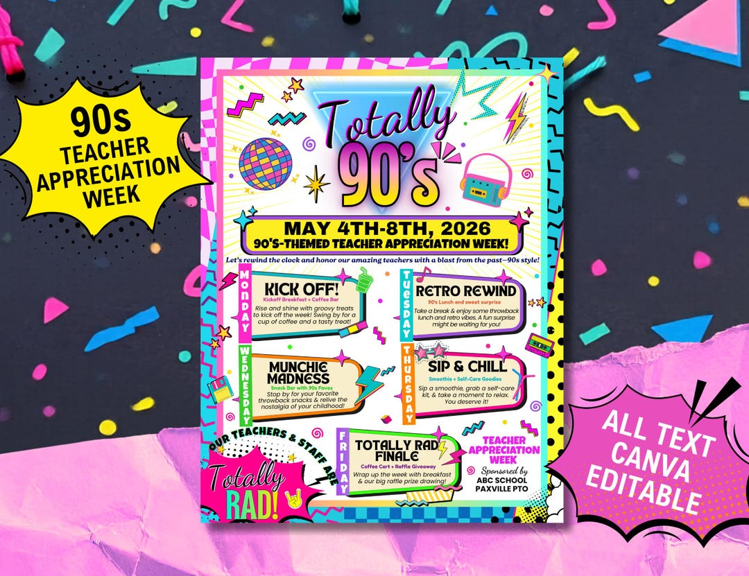 90s Teacher Appreciation Week Theme Flyer Template Canva Editable ...