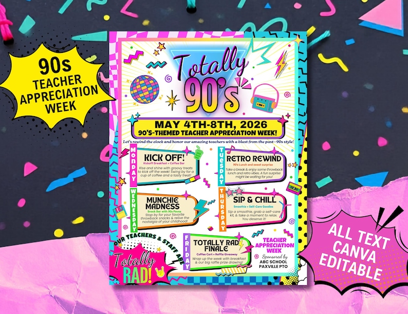 90s Teacher Appreciation Week Theme Flyer Template Canva Editable ...