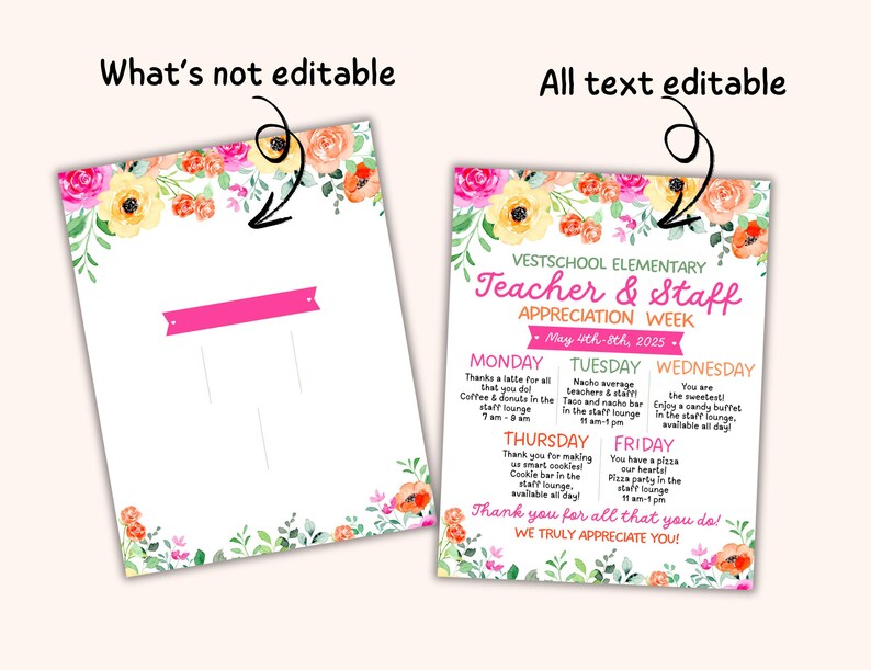 Editable Floral Teacher Appreciation Week Flyer Template, Itinerary ...
