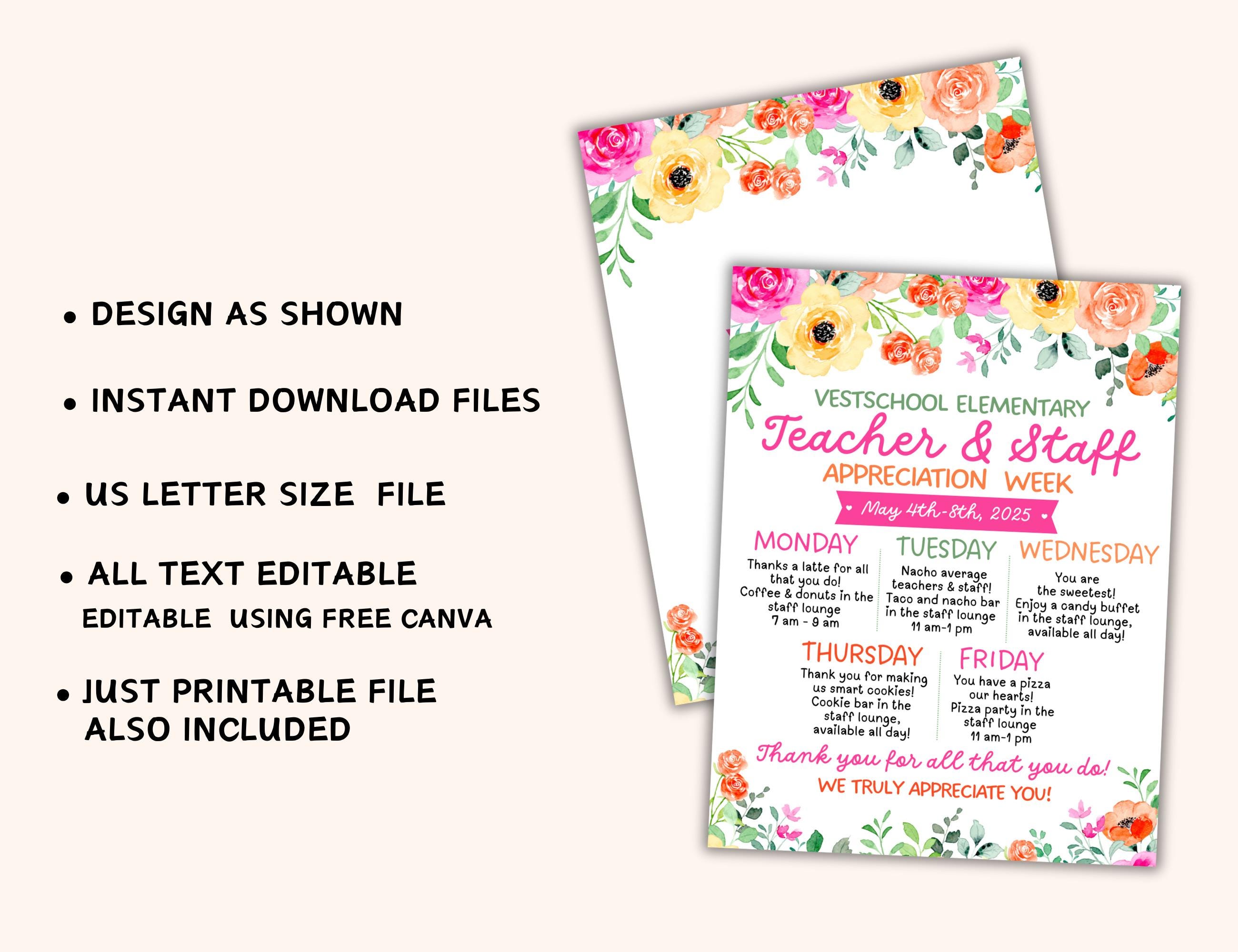 Editable Floral Teacher Appreciation Week Flyer Template, Itinerary ...