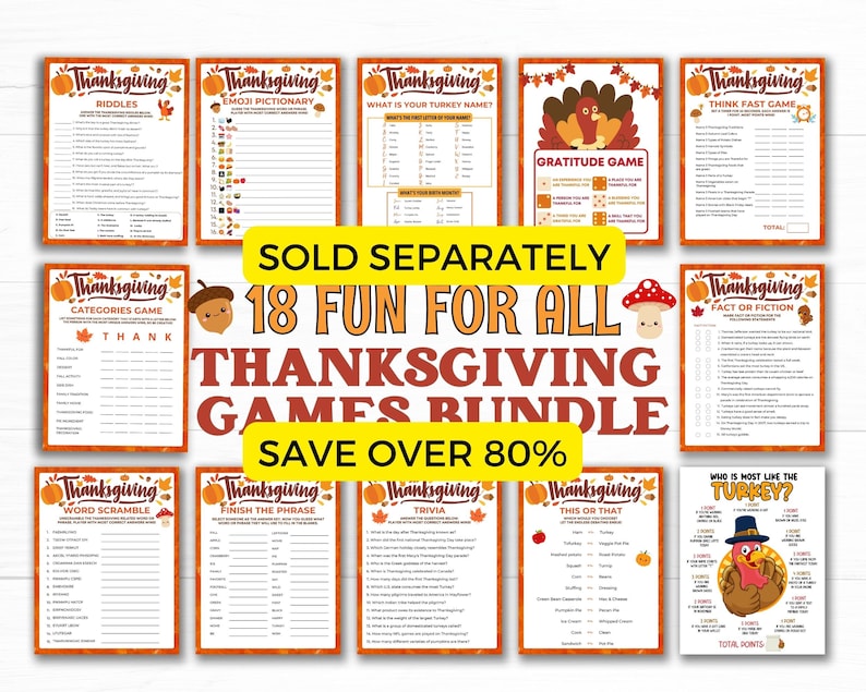 30 Thanksgiving Bingo Cards, Printable Thanksgiving Games for Kids ...