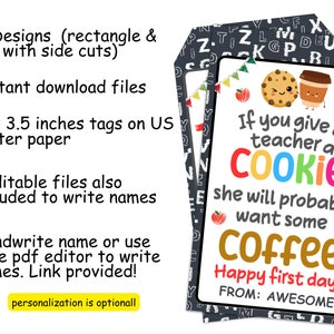 Back to School Tags, First Day of School Teacher Cookie Coffee Gift Tag ...